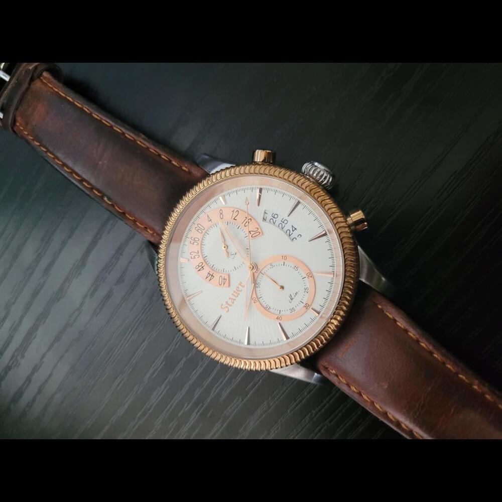 Rare Stauer Chronograph Rose Gold Date Men's 45mm Wat… - Gem